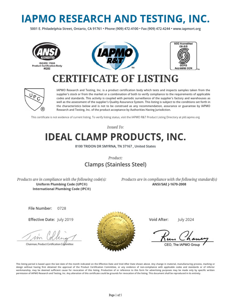 All IAPMO Certificates (1) | PDF | Pipe (Fluid Conveyance) | Plumbing