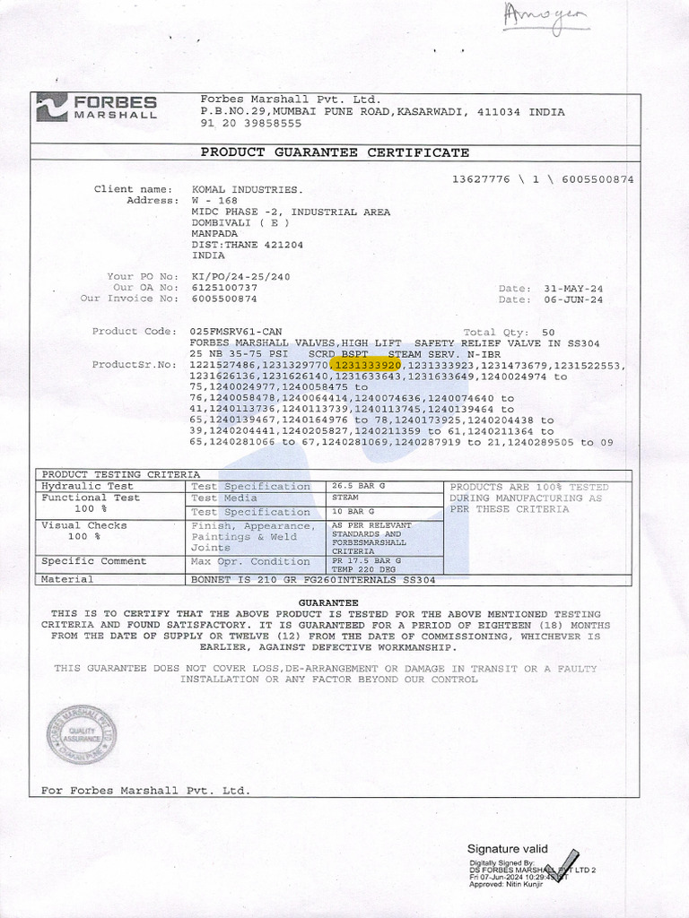 FORBES MARSHALL- SAFETY VALVE-AMOGEN SR-NO-1221527486...&1240152163 ...