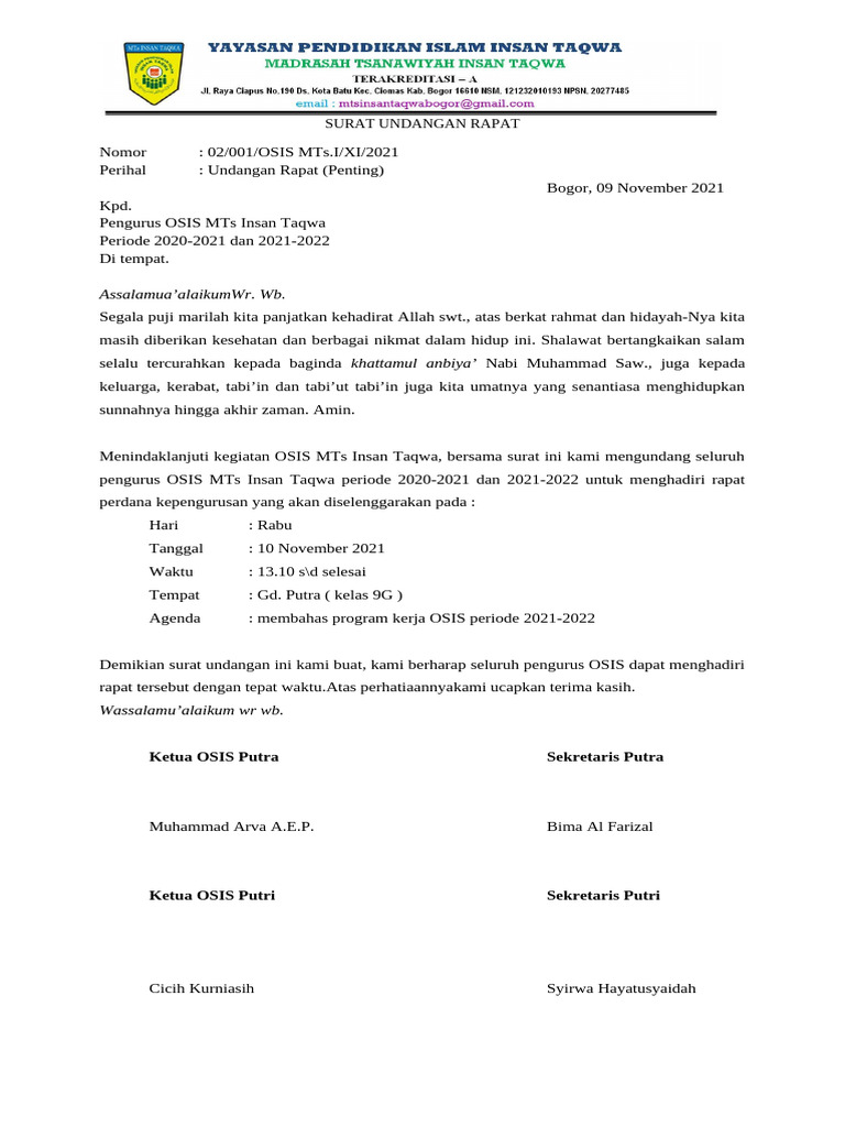 Contoh Surat Undangan Rapat OSIS | PDF