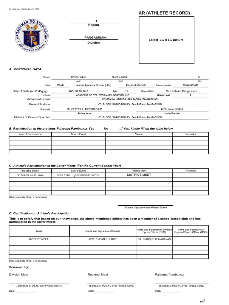 2020 Athlete Record Asher | PDF