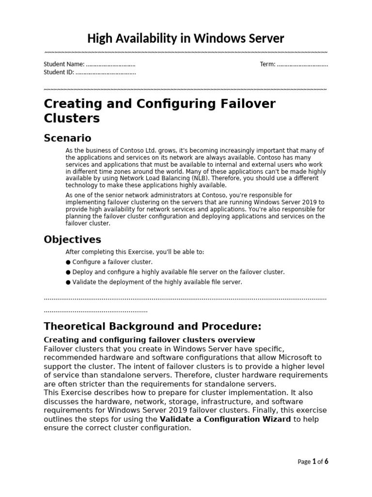 CLCT4003 - Exercise #7 - High Availability - Creating and Configuring Failover Clusters | PDF ...