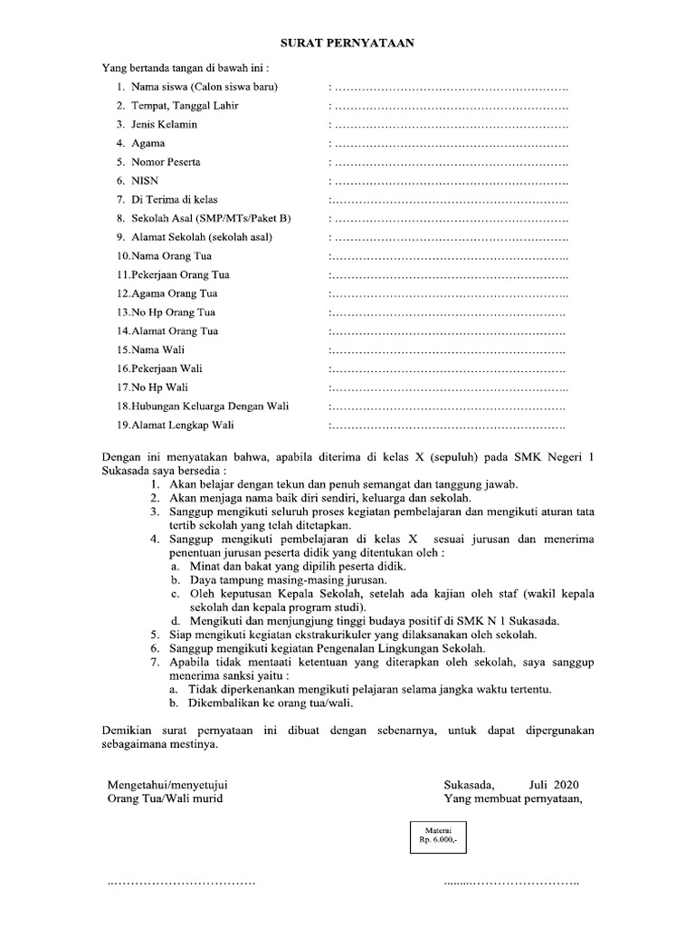 4. Surat Pernyataan Ortu Daftar Kembali | PDF