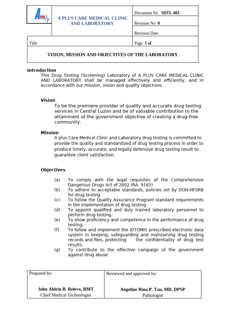 SDTL-001 Vision, Mission and Objectives | PDF | Health Sciences ...