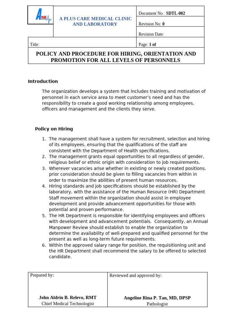 SDTL-002 Policy and Procedure Hiring, Orientation, and Promotion For ...