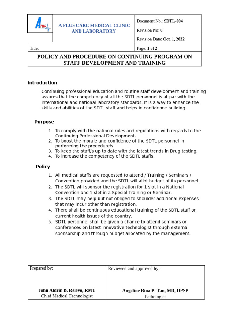 SDTL-004 Policy and Procedure On Continuing Program On Staff ...