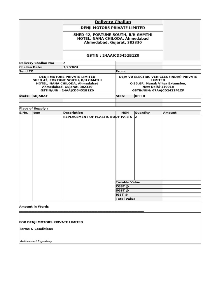 Delivery Challan DEJA VU | PDF