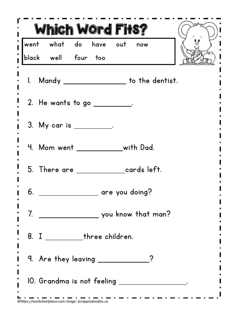 Kids' Word Fill-In Worksheet | PDF