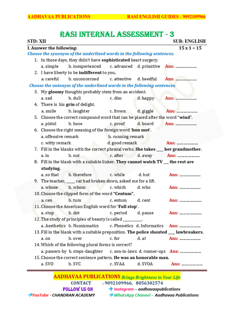 12th English Internal Assessment Test 3 Question Paper PDF Download ...