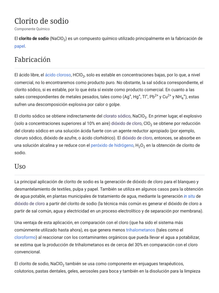 Propiedades y usos del clorito de sodio | PDF | Sustancias químicas | Redox