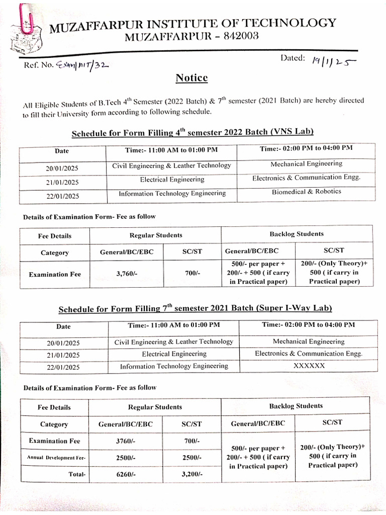 Notice For Form Filling of B.tech 4th Sem (2022batch) & B.tech 7th Sem (2021batch) | PDF