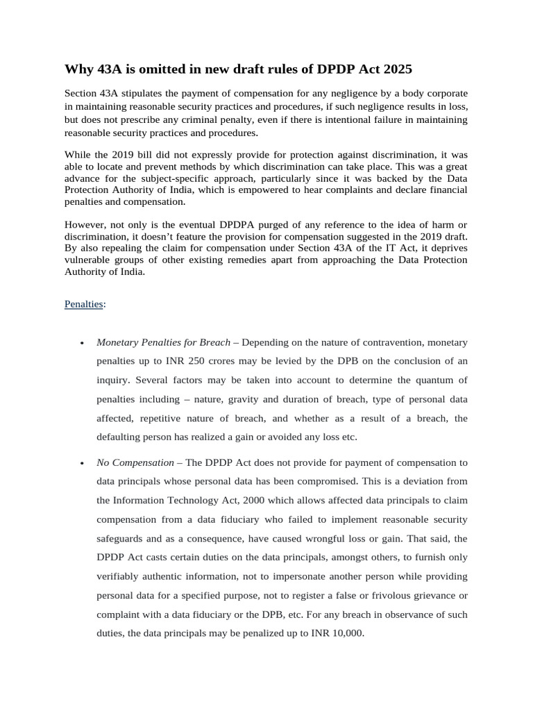 Why 43A Is Omitted in New Draft Rules of DPDP Act 2025 | PDF | Breach Of Contract | Fiduciary