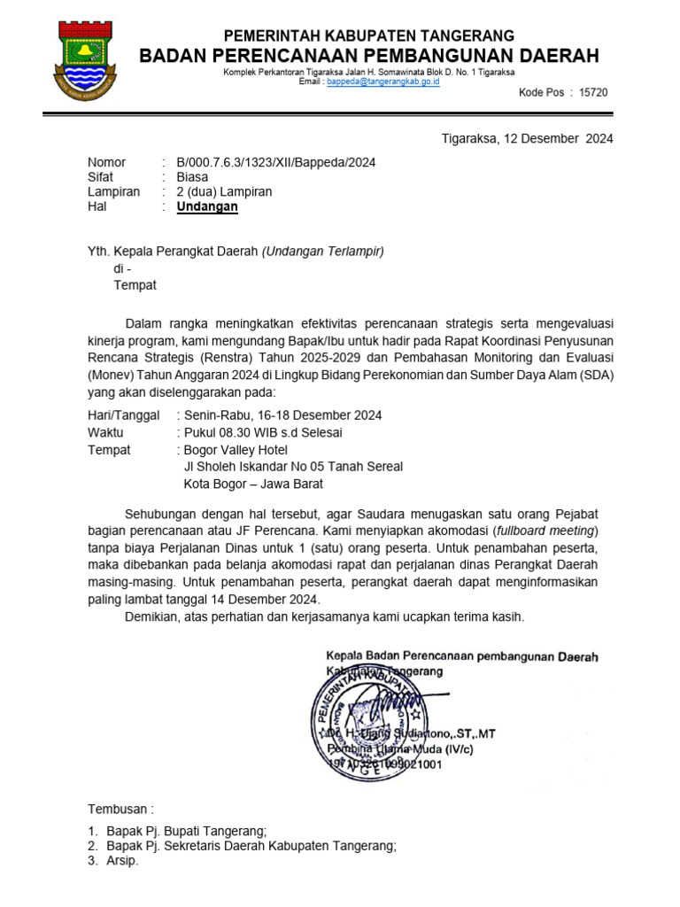 Surat - Undangan - Rakor Renstra Dan Monev - 16 Des | PDF