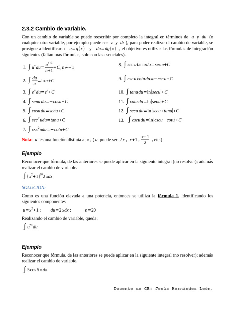 2.3.2 Cambio de Variable | PDF | Integral | Matemáticas