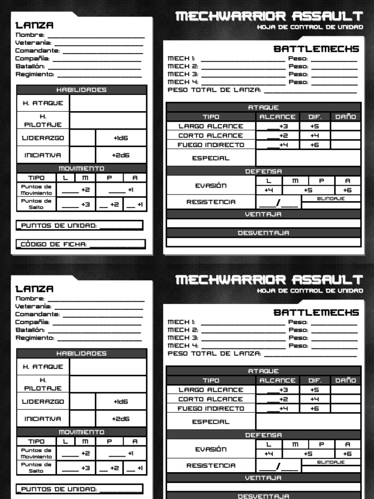 Hoja de Control de Unidad MechWarrior | PDF | Battle Tech