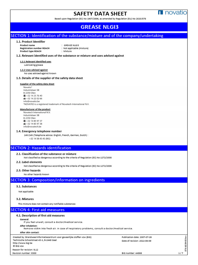 Safety Data Sheet for GREASE NLGI3 | PDF | Toxicity | Occupational ...
