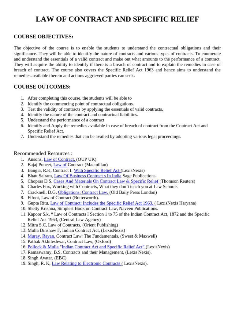 LAW OF CONTRACT AND SPECIFIC RELIEF Syllabus | PDF | Legal Remedy ...