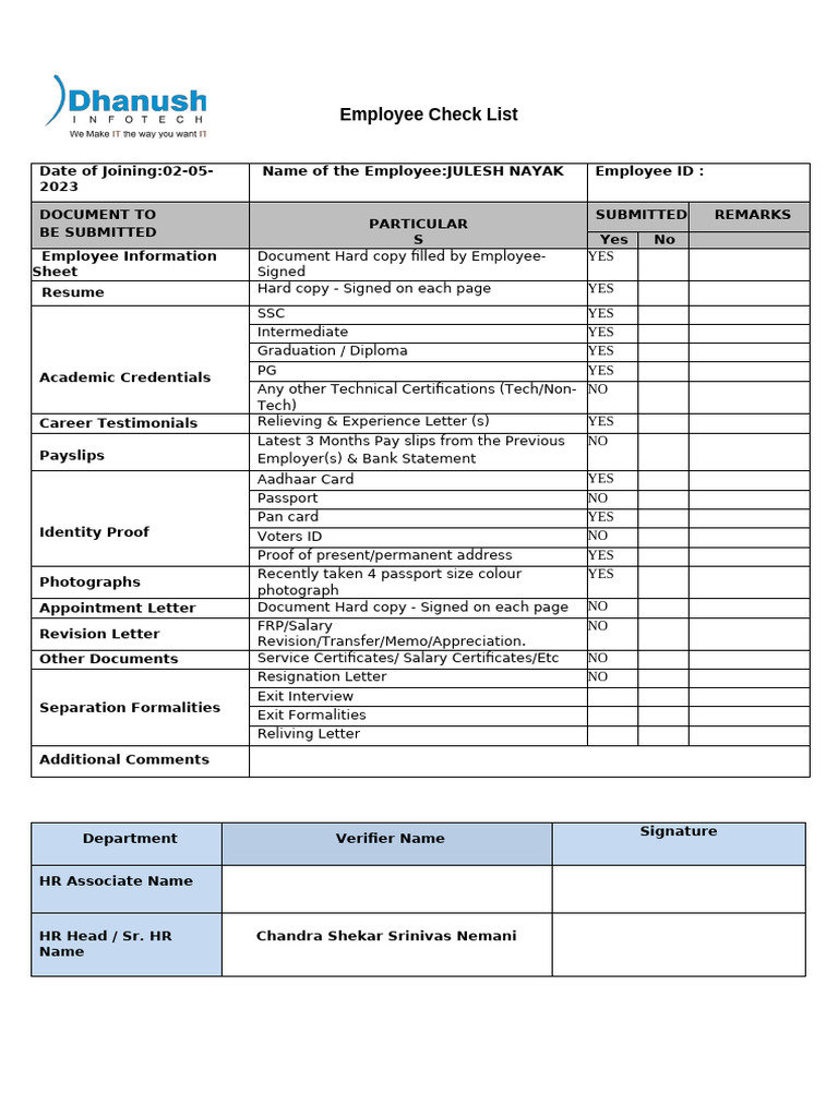 Employee Document Submission Checklist | PDF