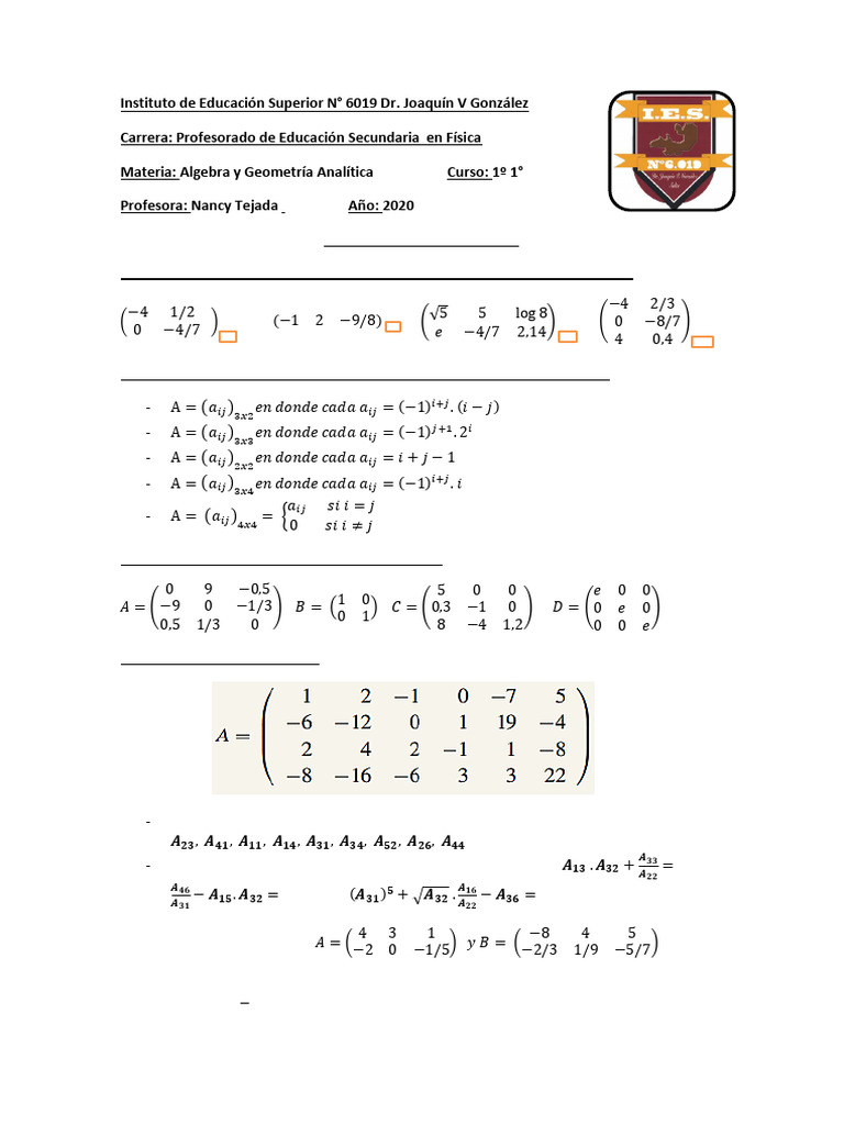 TP N°1 Matrices | PDF | Teoría de la matriz | Física Matemática
