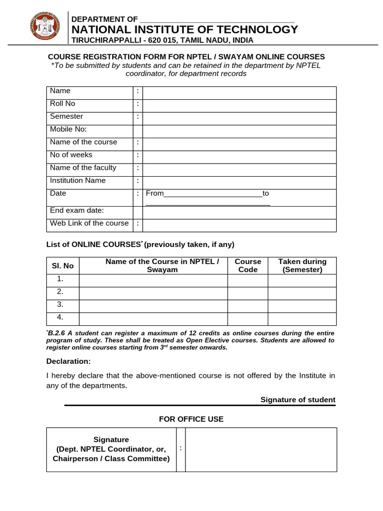 Course Registration Form For NPTEL - SWAYAM Online Courses | PDF
