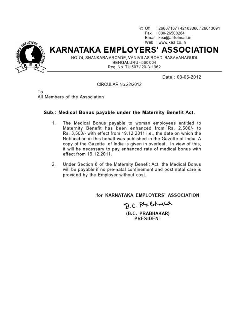 Circular 22 2012 Medical Bonus Payable Under The Maternity Benefit Act ...