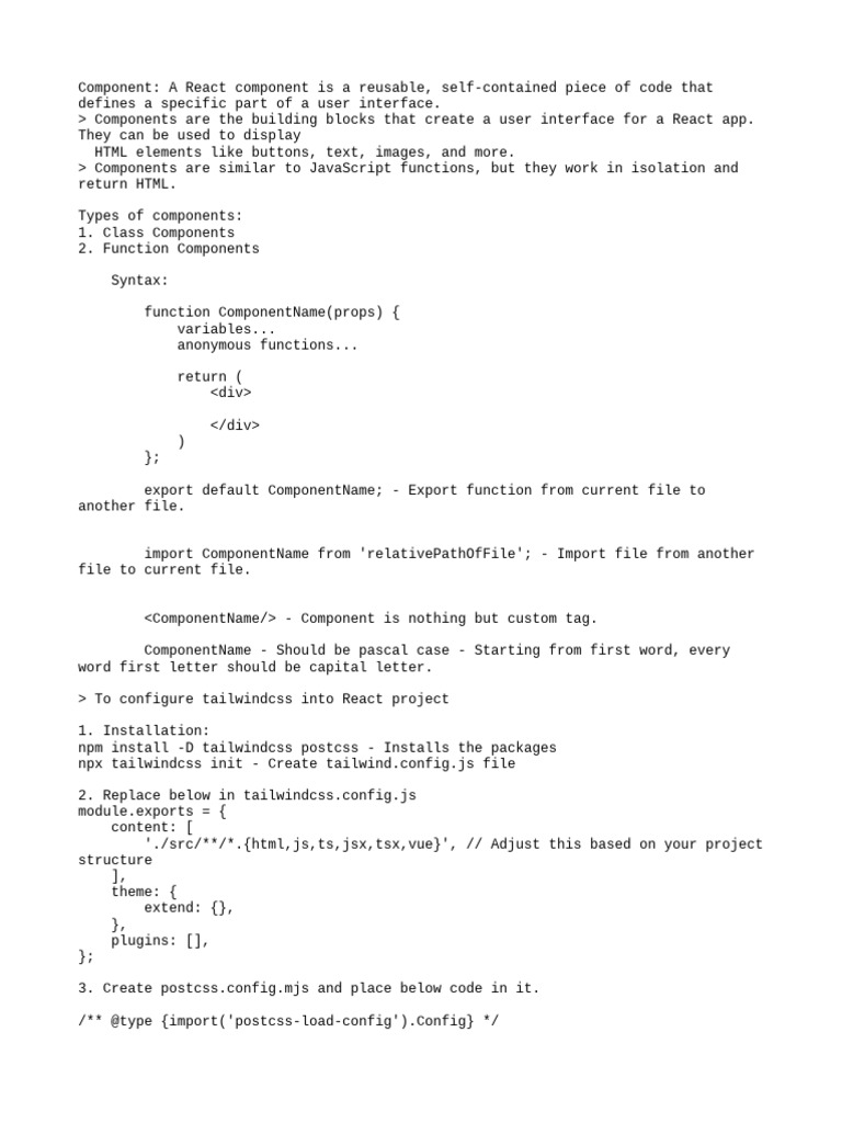React Component Basics and TailwindCSS Setup | PDF