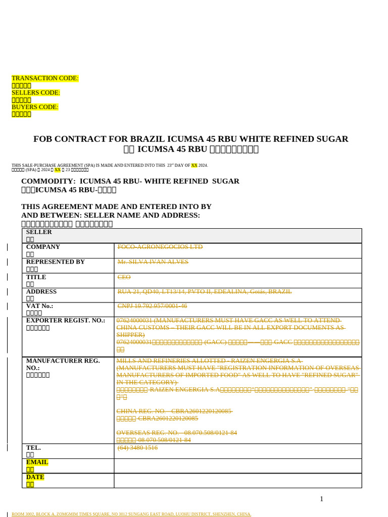Brazil ICUMSA 45 Sugar FOB Contract | PDF | Letter Of Credit | Bill Of ...