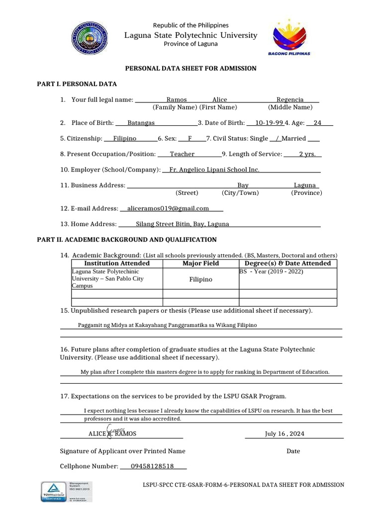 Personal Data Sheet for Admission | PDF | Higher Education | Educational Stages