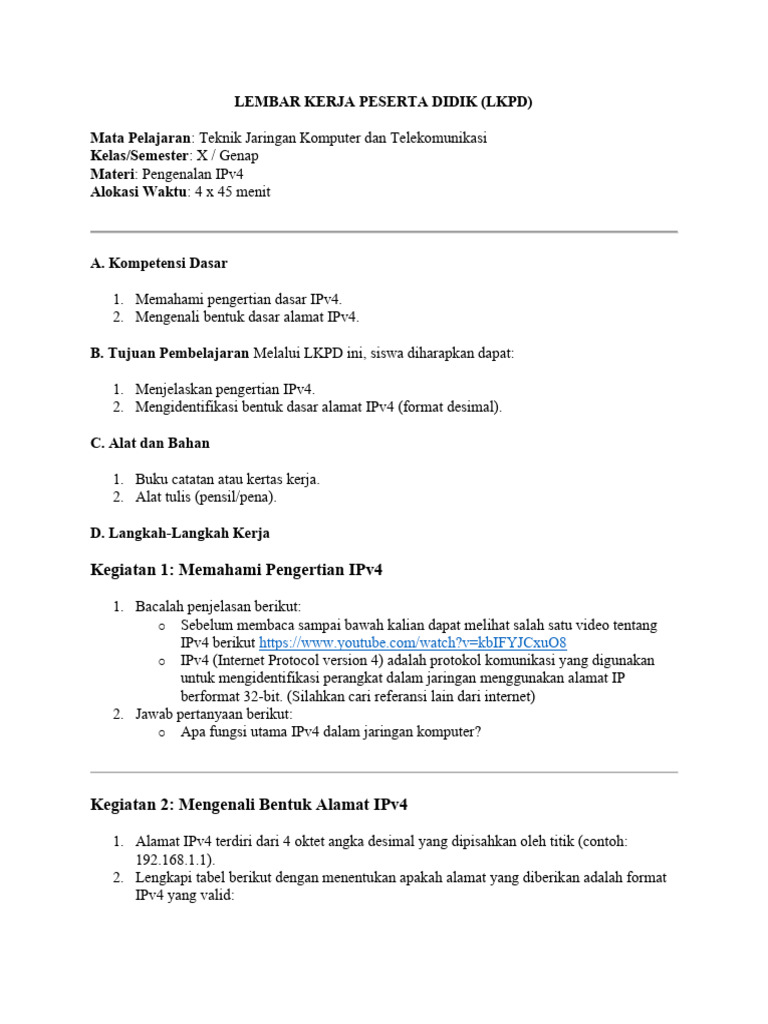 Pengenalan IPv4 untuk Siswa Kelas X | PDF