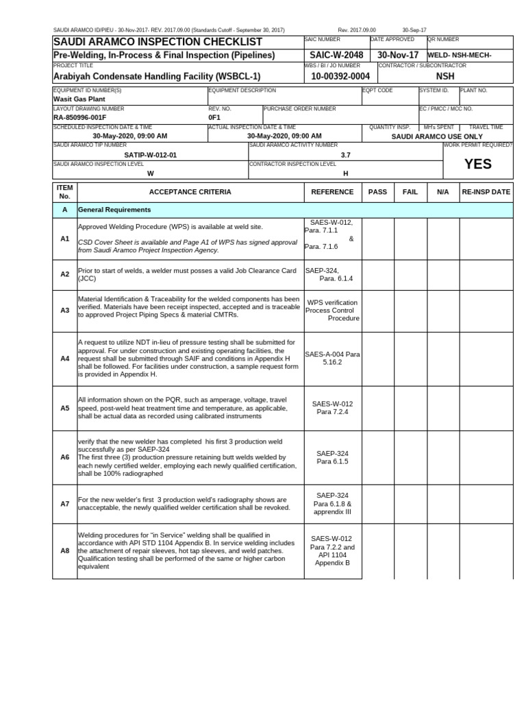 Saudi Aramco Welding Inspection Checklist | PDF | Welding | Construction