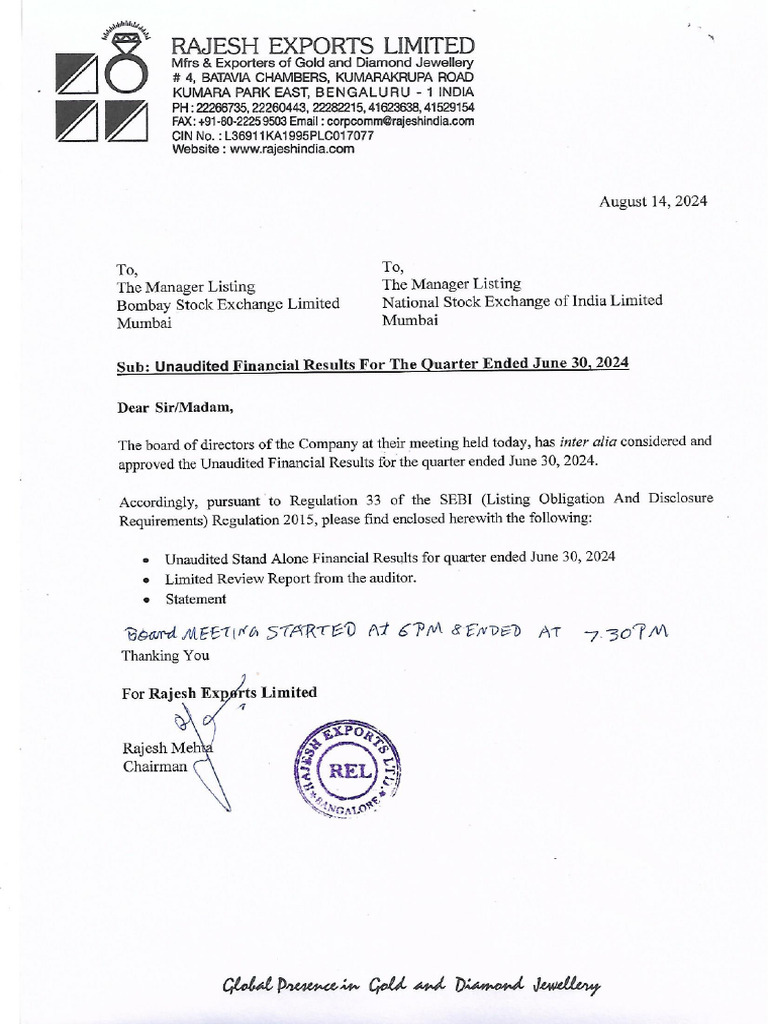 Rajesh Exports Limited &: Board Meetinh Started at Epm Eeaded at - 30TM | PDF | Audit ...