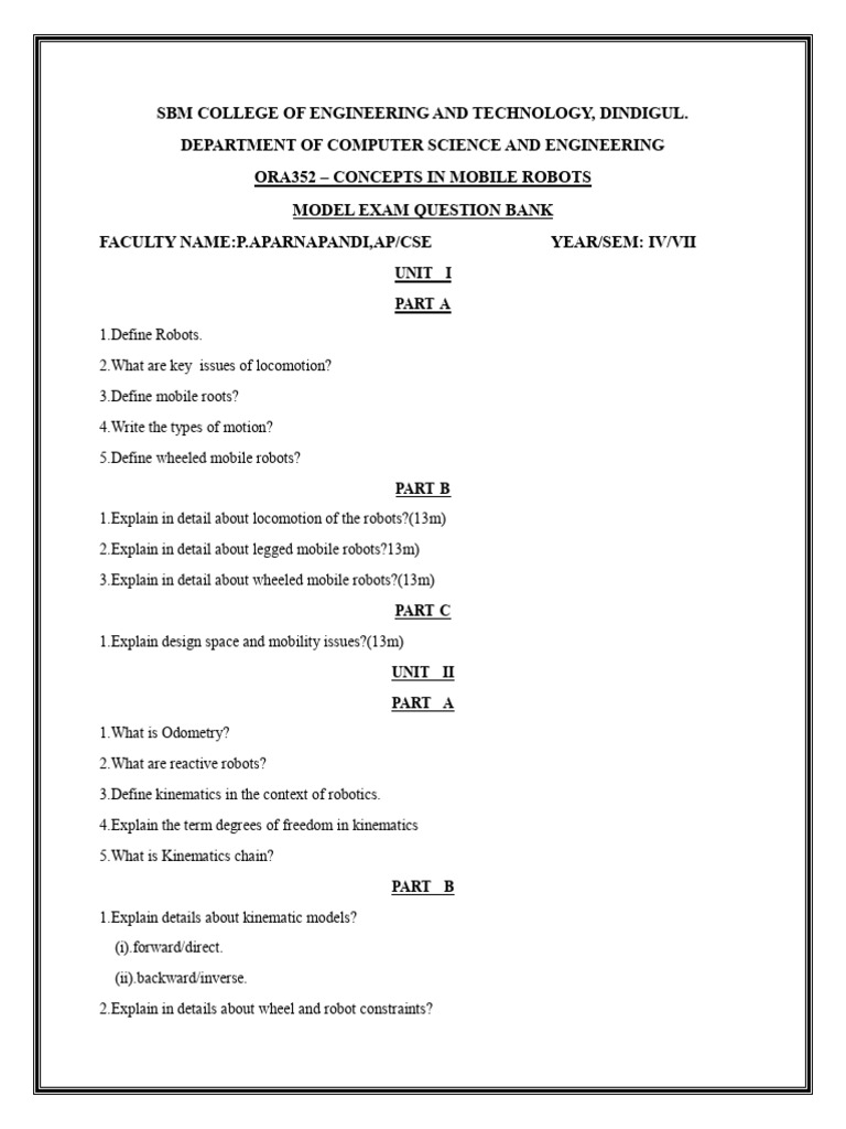 Ora352-Cmr Model Exam Question Bank | PDF | Robotics | Automation