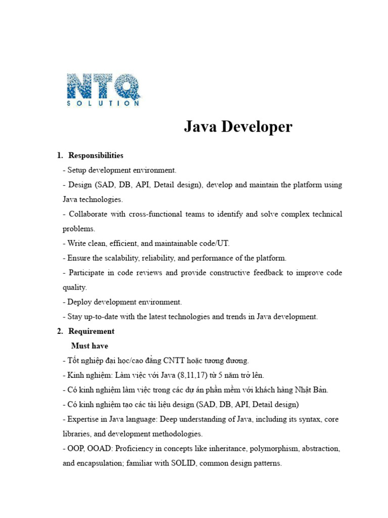 SBT Java Developer NTQ [Tuyennk] | PDF