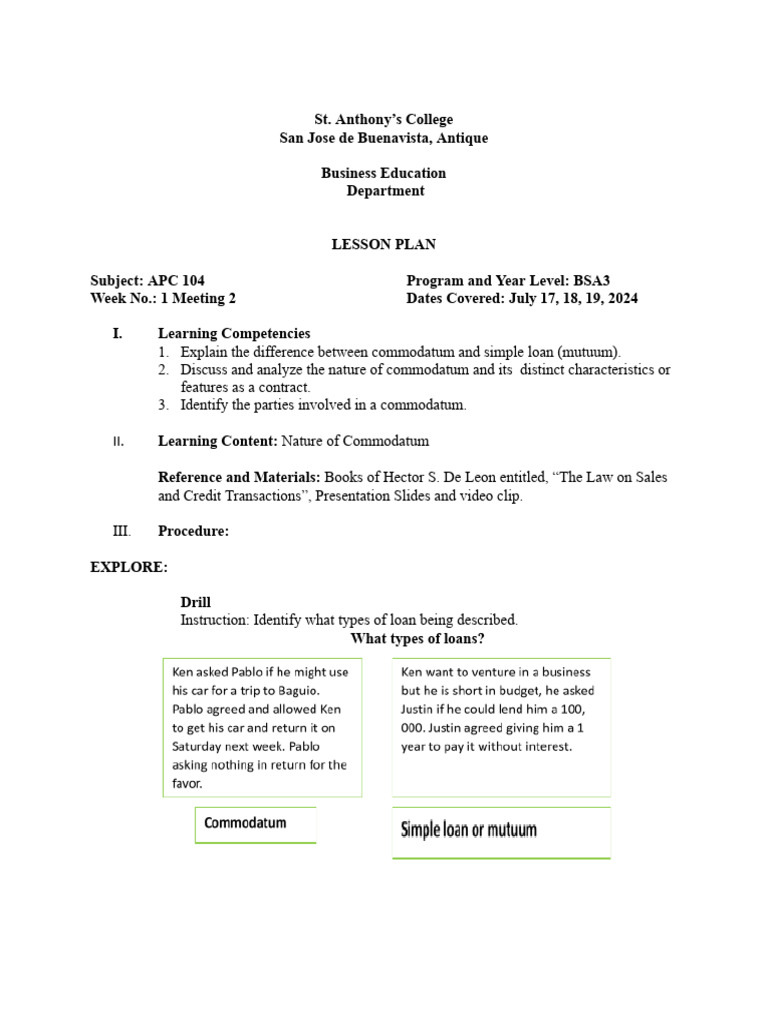 Lesson Plan | PDF | Loans | Private Law