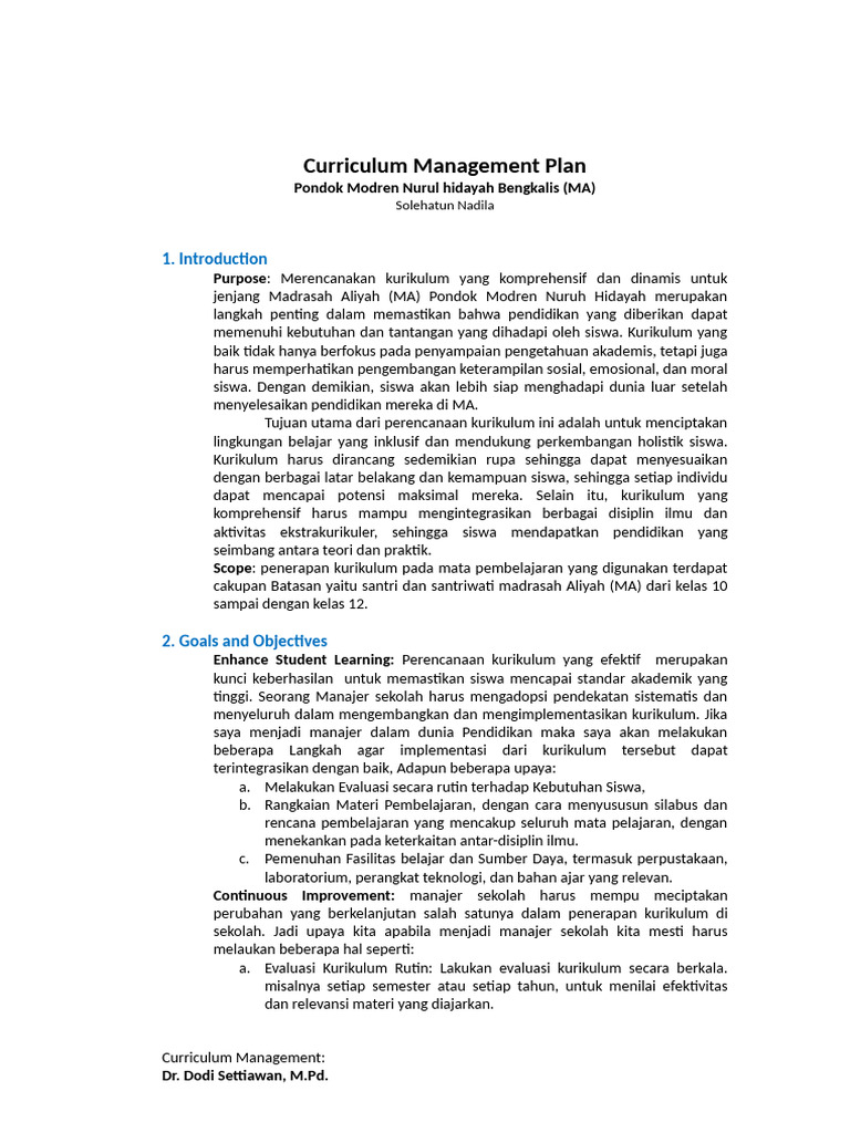 SOLEHATUN NADILA - Curriculum Management Plan | PDF