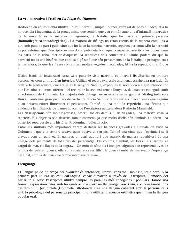 Estil I Llenguatge de La Plaça Del Diamant | PDF