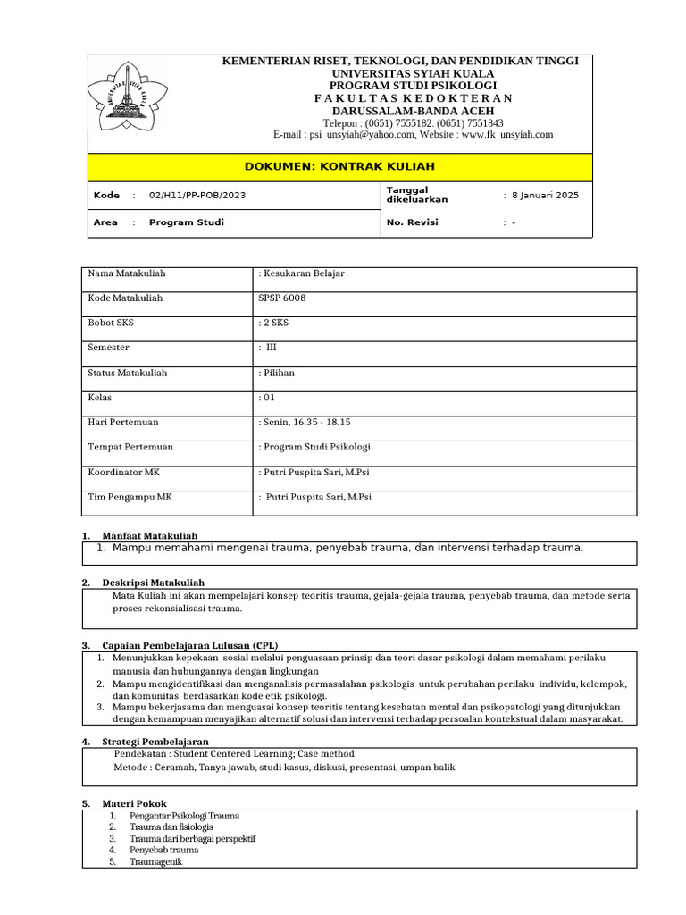 Kontrak Kuliah Kesukaran Belajar Putri | PDF