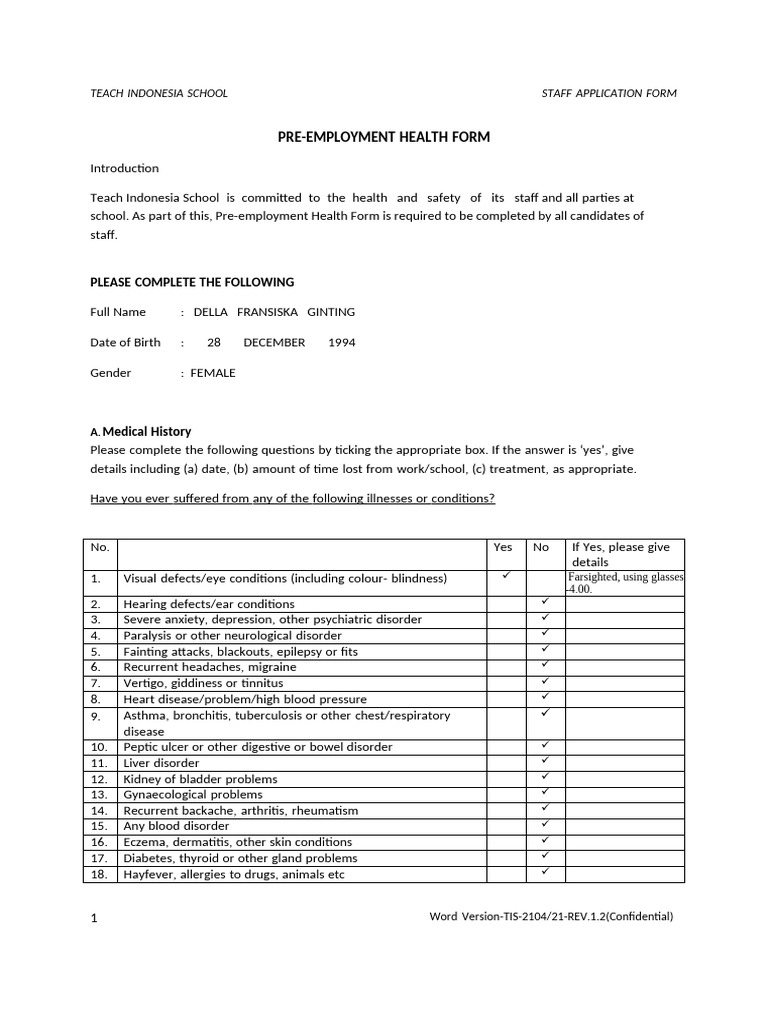 Pre Employment Health Form (Rev 2.0) 2023 | PDF | Infection | Health ...