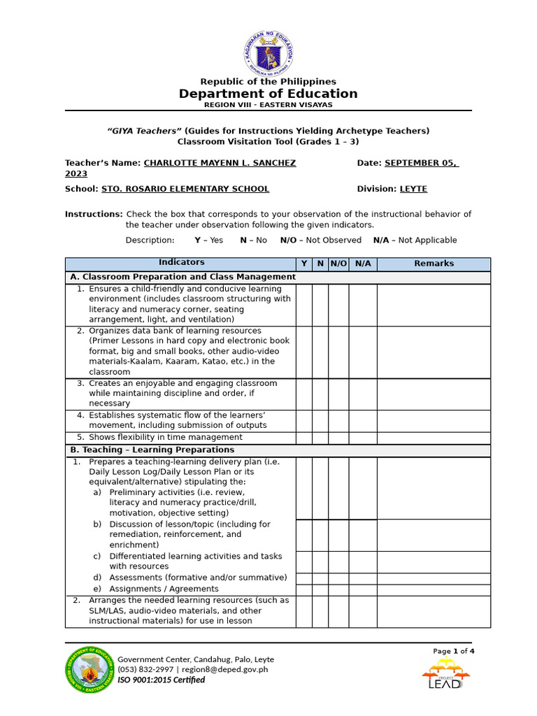 GIYA Teachers Classroom Visitation Tool G1 3 | PDF | Learning | Teachers