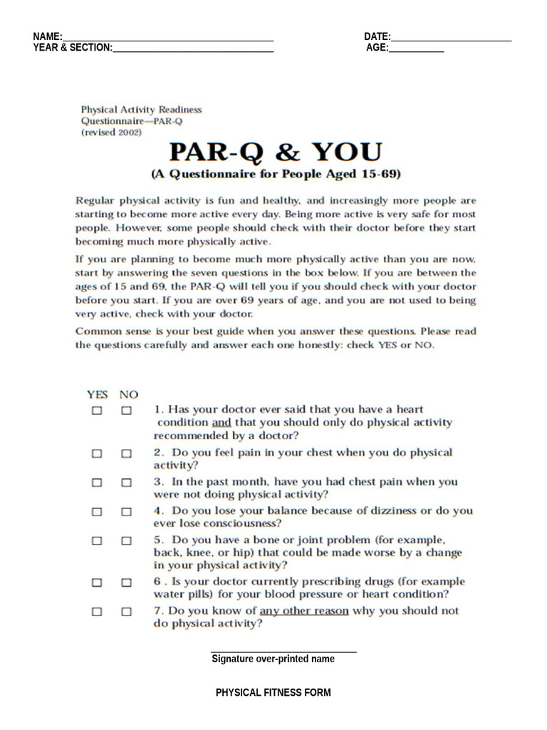 Physical Fitness Assessment Form | PDF | Physical Fitness | Physical ...