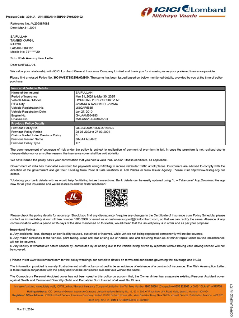 Sub: Risk Assumption Letter: Insured & Vehicle Details | PDF ...