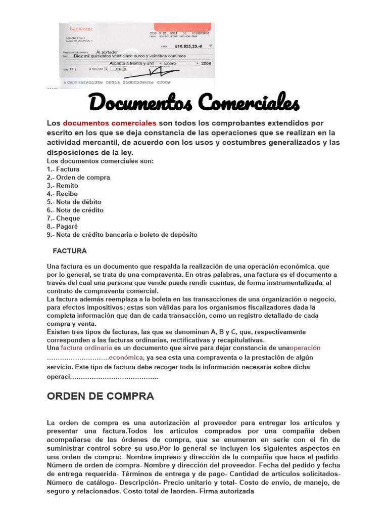 Tipos de Documentos Comerciales | PDF | Cheque | Recibo