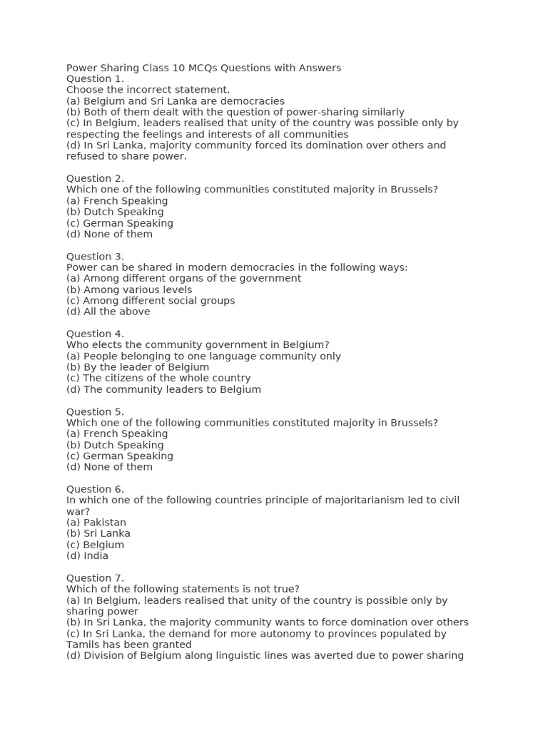 Class 10 Power Sharing MCQs with Answers | PDF | Sri Lanka | South Asia