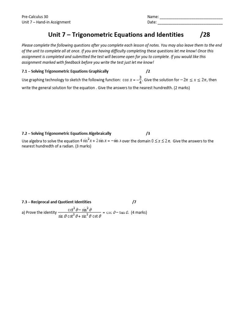 Unit 7 - Hand-In Assignment | PDF | Trigonometric Functions ...