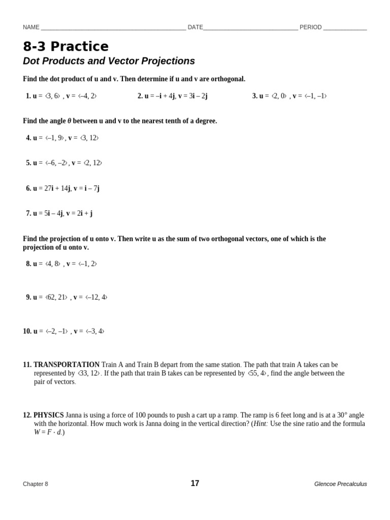 Practice_Worksheet_Dot_Products_and_Vector_Projections | PDF
