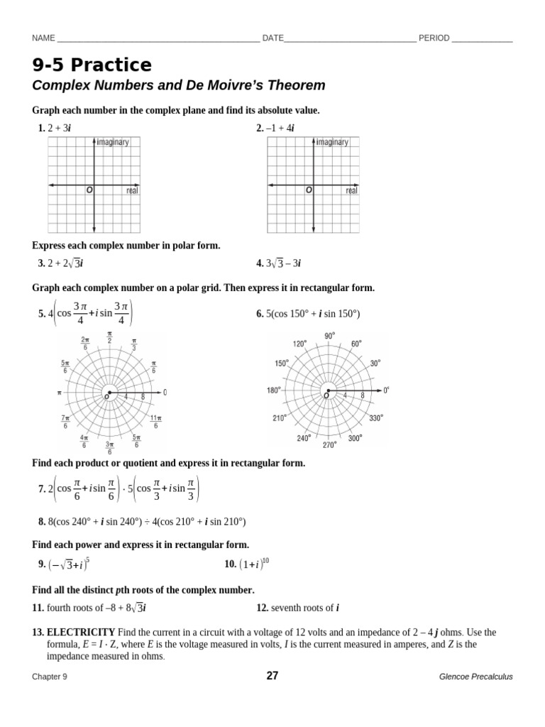 Practice Worksheet Complex Numbers and de Moivre S Theorem | PDF