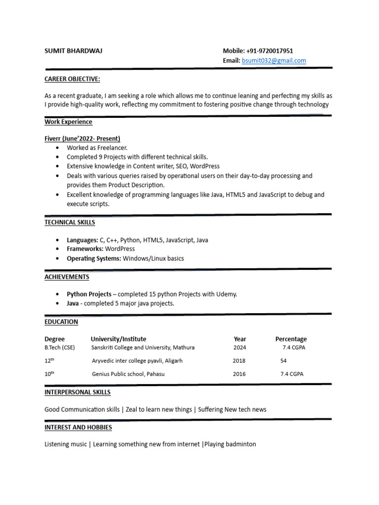 SUMIT BHARDWAJ Resume | PDF