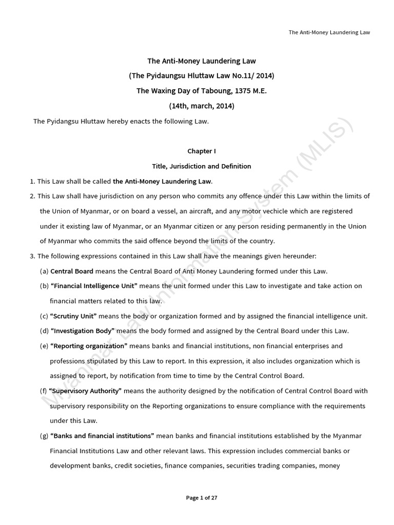 Myanmar Anti-Money Laundering Law | PDF | Payments | Banks