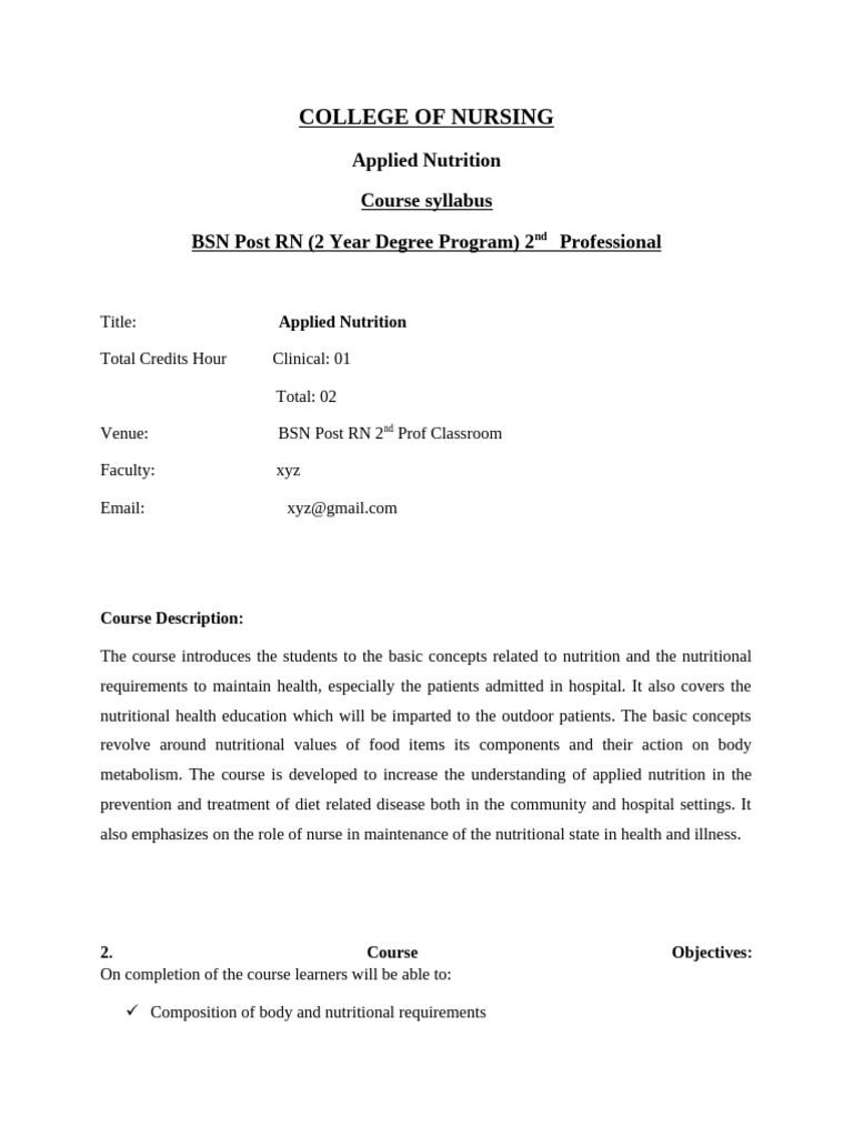 Applied Nutrition Course Syllabus | PDF | Nutrition | Diet & Nutrition
