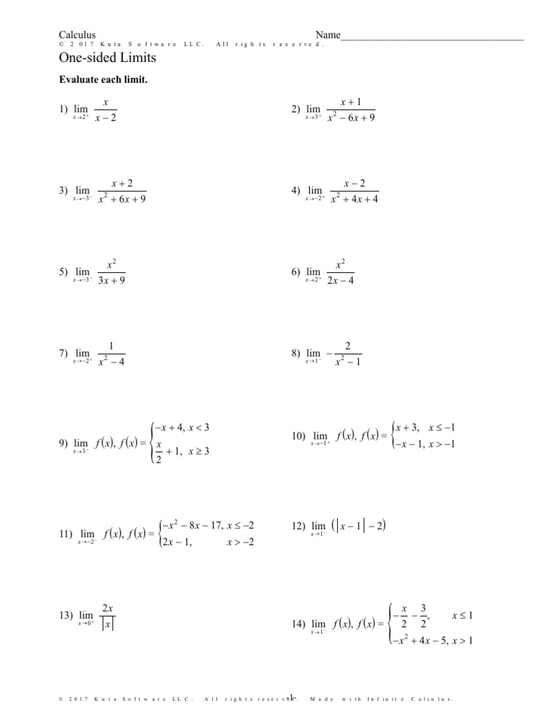 One-Sided Limits Worksheet Answers | PDF