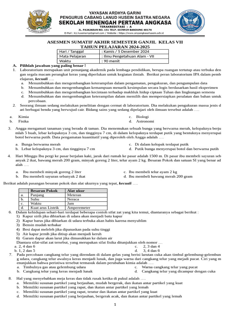 SOAL ASAS GANJIL 2024 IPA KELAS 7 | PDF